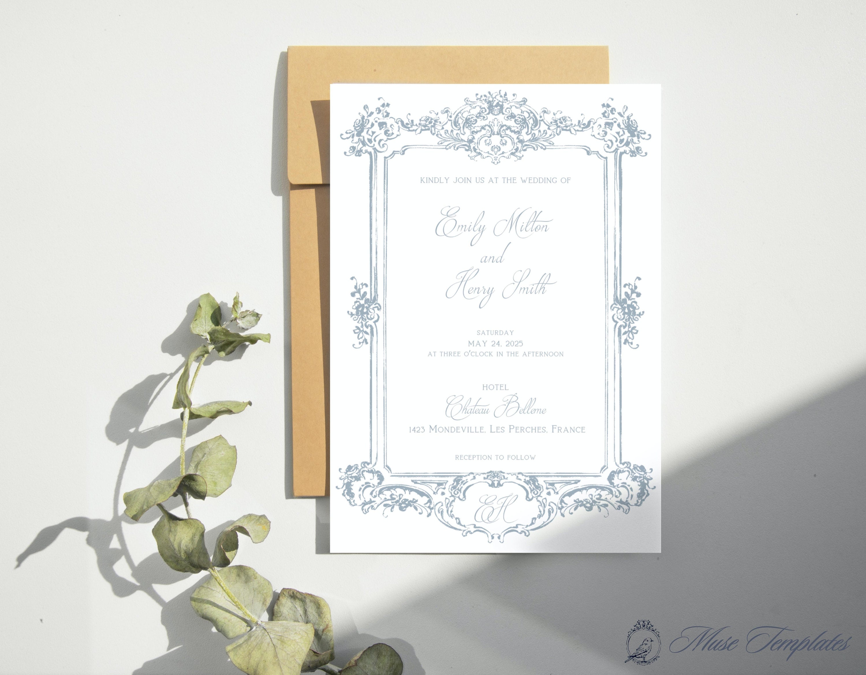 Baroque Invitation Template, Dust Blue Frame Wedding Invitation ...