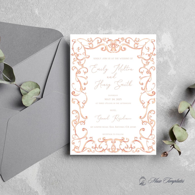 Baroque Wedding Invitation Suite Template, Golden Vintage Frame ...