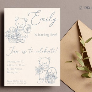 Editable Kids Birthday Invitation Template, Printable Dusty Blue Teddy ...