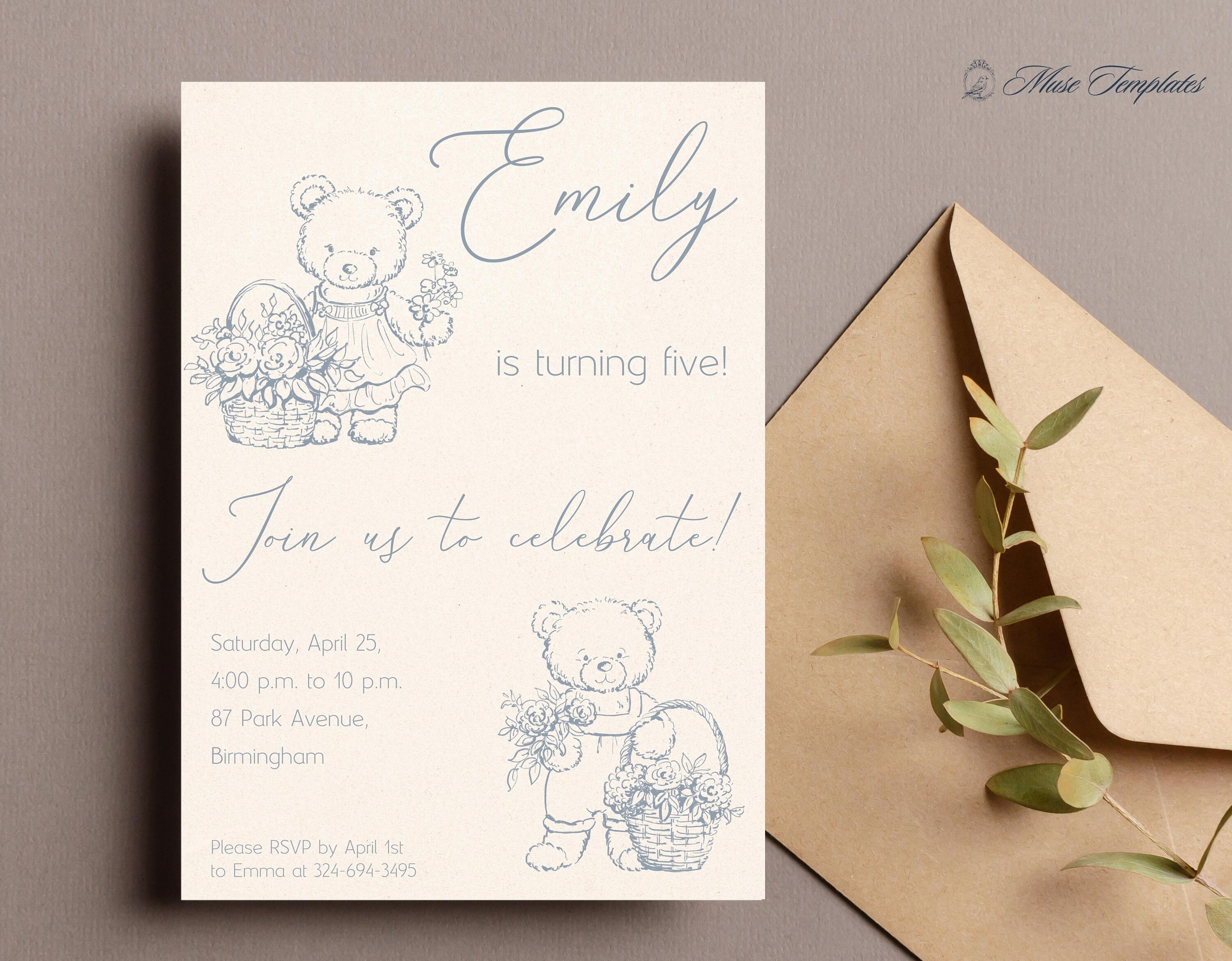 Editable Kids Birthday Invitation Template, Printable Dusty Blue Teddy ...
