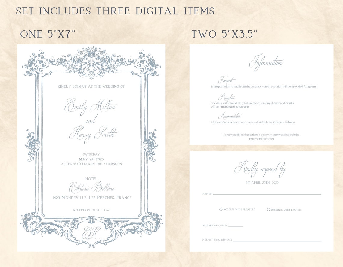 Baroque Invitation Template Dust Blue Frame Wedding - Etsy