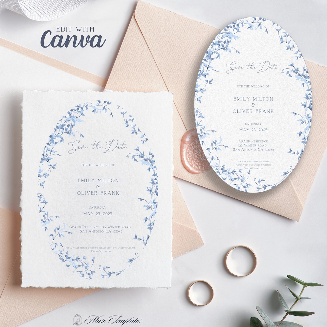Oval Invitation Card Template, Blue Floral Elliptical Frame, Save the ...