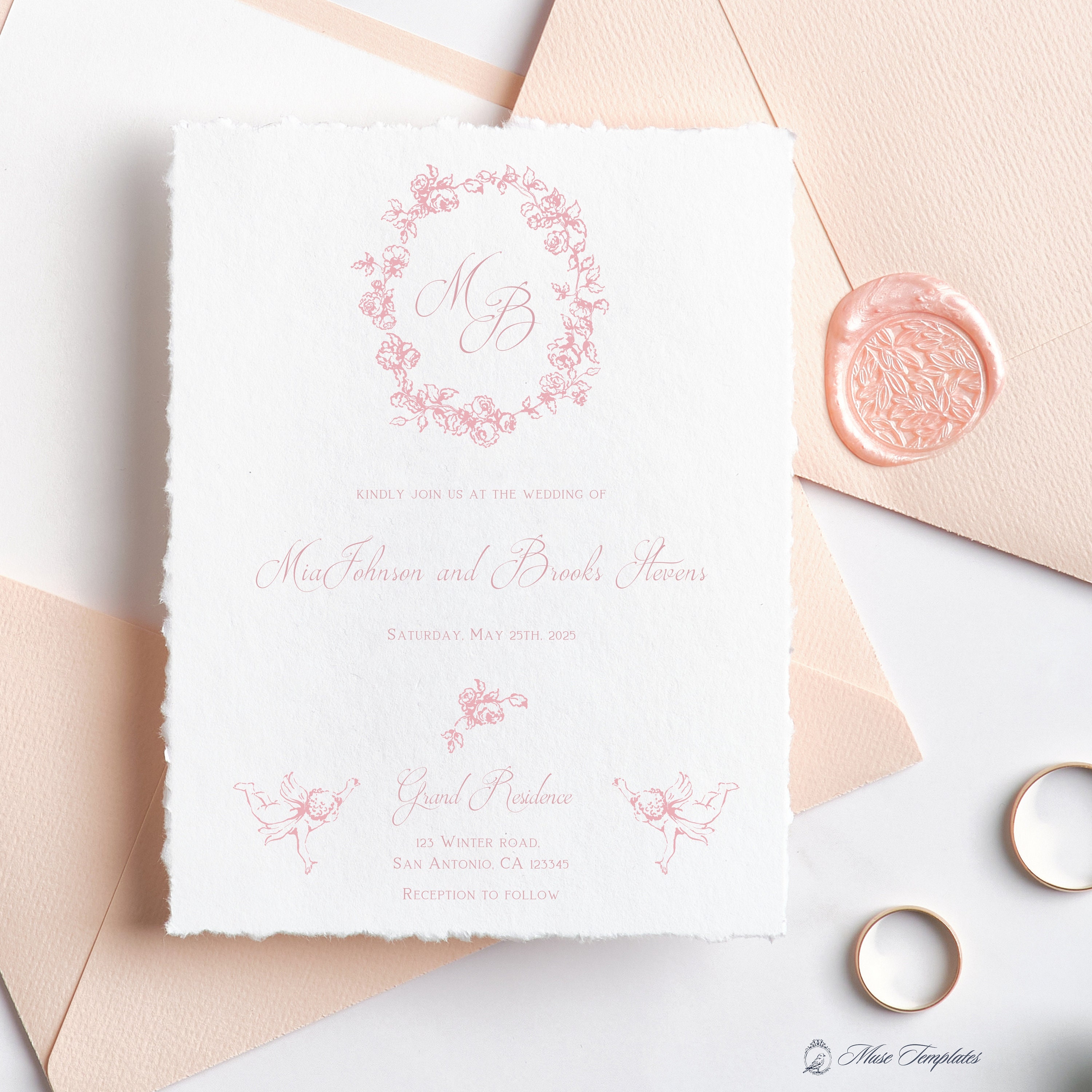 Baroque Wedding Invitation Template, Pink Floral Angels Invitation and ...