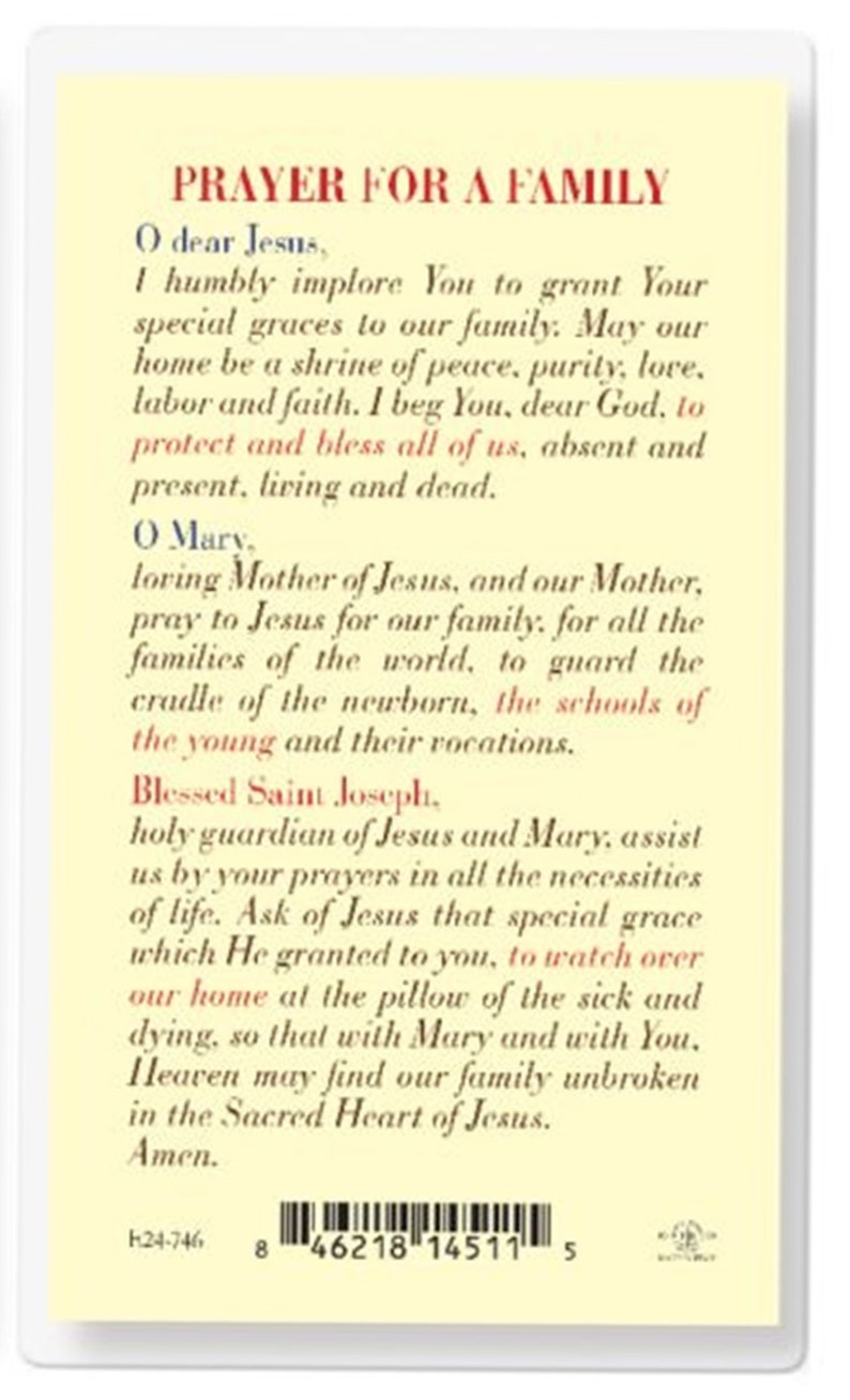 Prayer for A Family Laminated Holy Prayer Card Catholic Faith Jesus ...