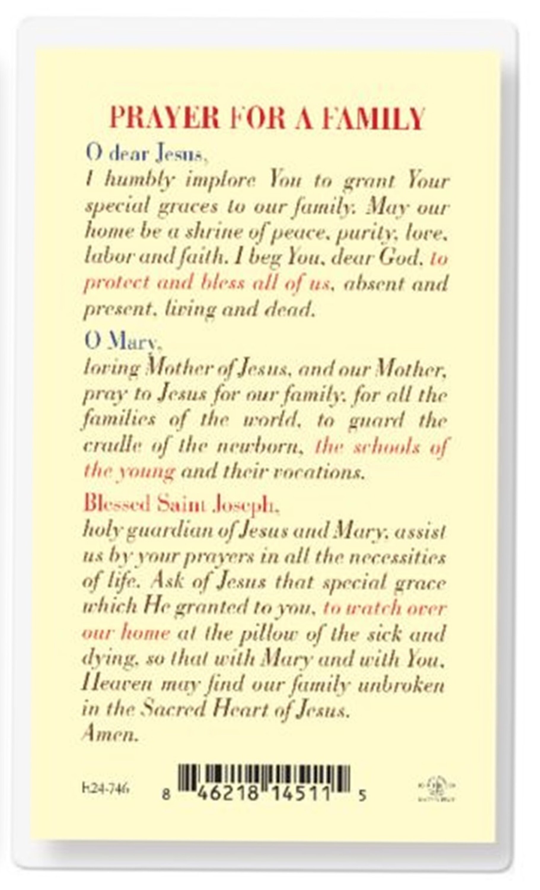 Prayer for A Family Laminated Holy Prayer Card Catholic Faith Jesus ...