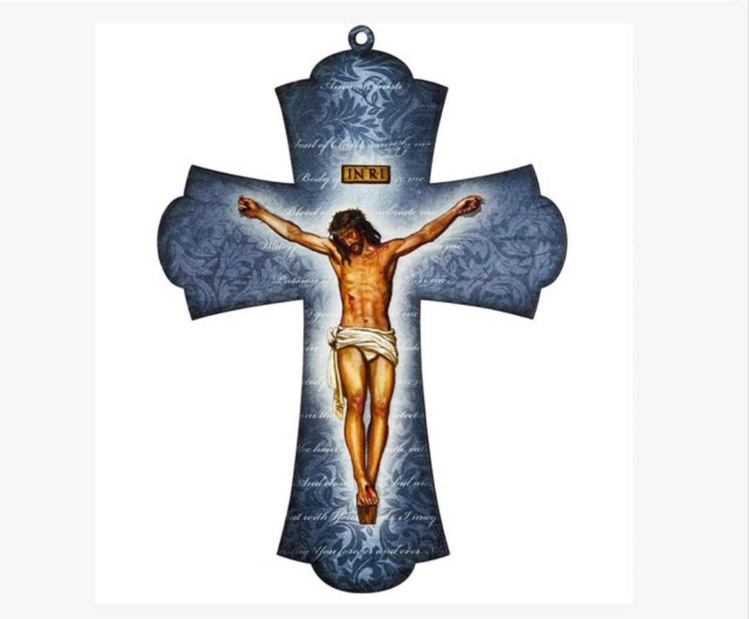 Deep Blue Crucifix Jesus Christ Laser Cut Wood Wall Cross With Anima ...