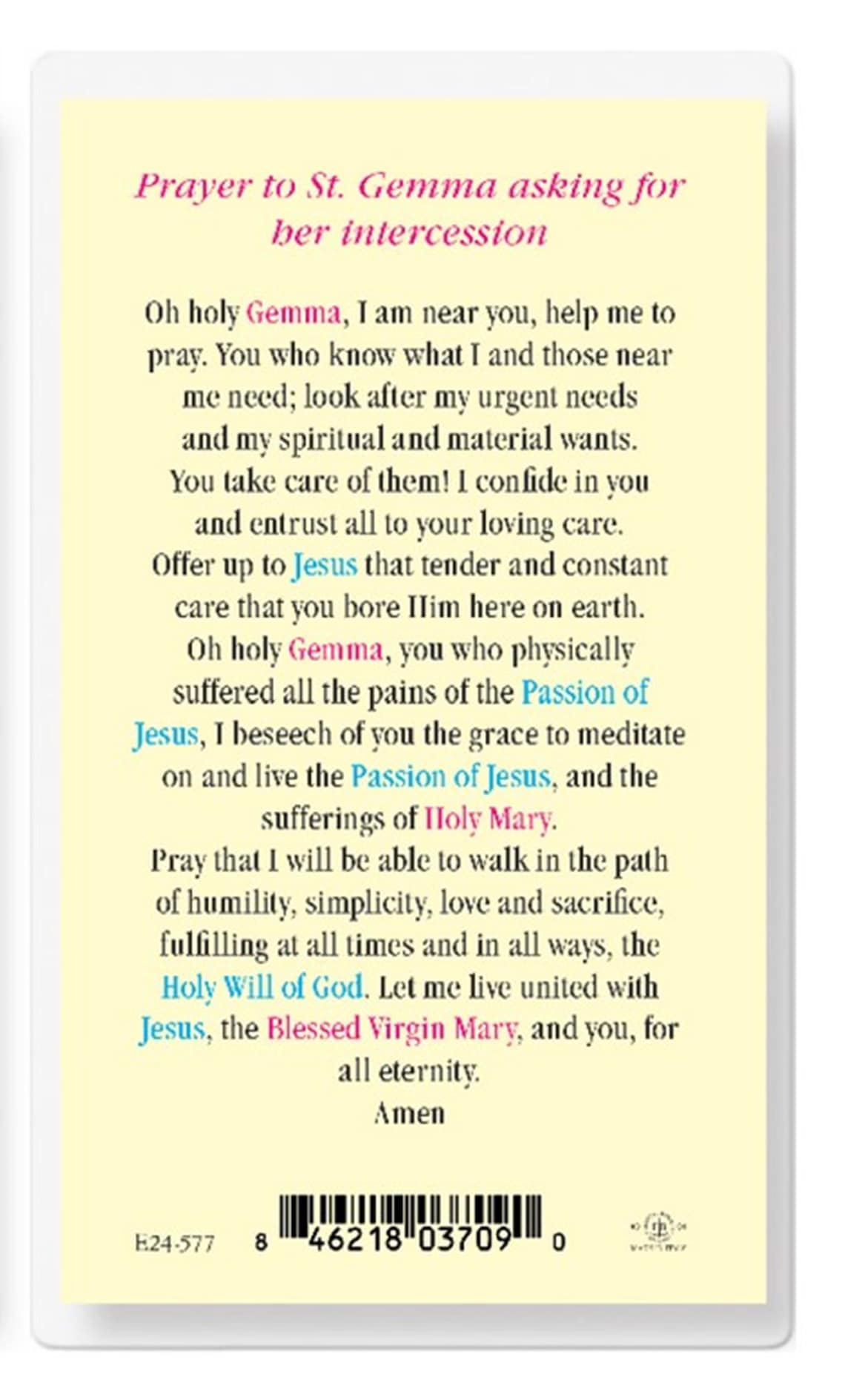 St Gemma Intercession Prayer Laminated Holy Prayer Card Catholic Faith ...