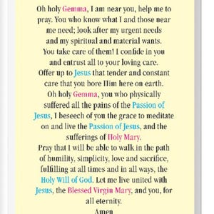 St Gemma Intercession Prayer Laminated Holy Prayer Card Catholic Faith ...