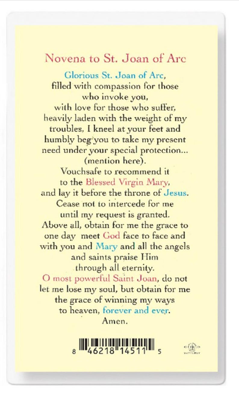 Novena to St Joan of Arc Patron Saint Holy Prayer Card Laminated - Etsy