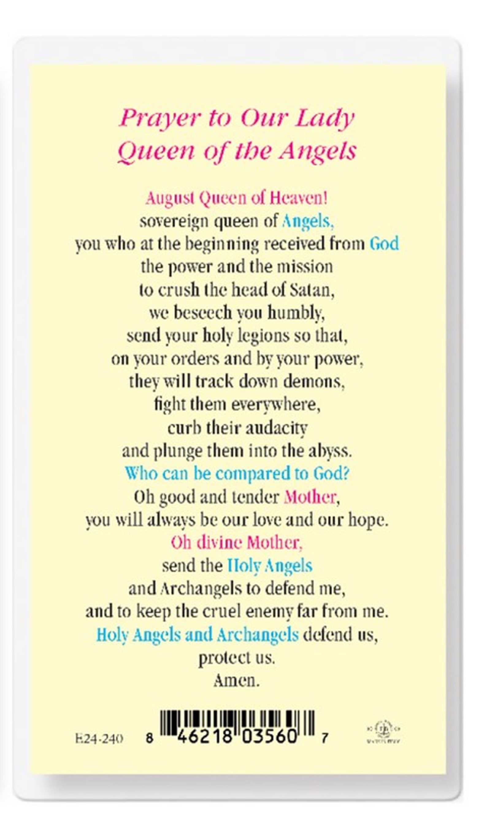 Our Lady Queen of the Angels August Queen of Heaven Holy Prayer Card ...
