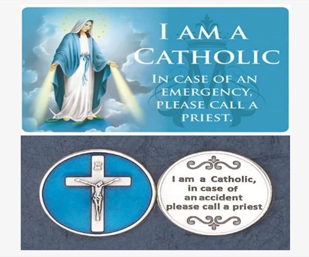 I Am Catholic Call A Priest Set Wallet ID Card Pocket Token Blue Enamel ...