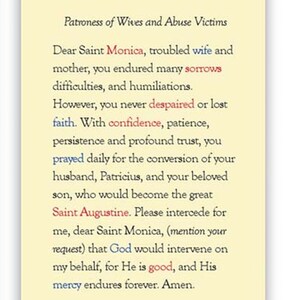 St Monica Patron of Wives & Abuse Victims Catholic Holy Prayer Card ...