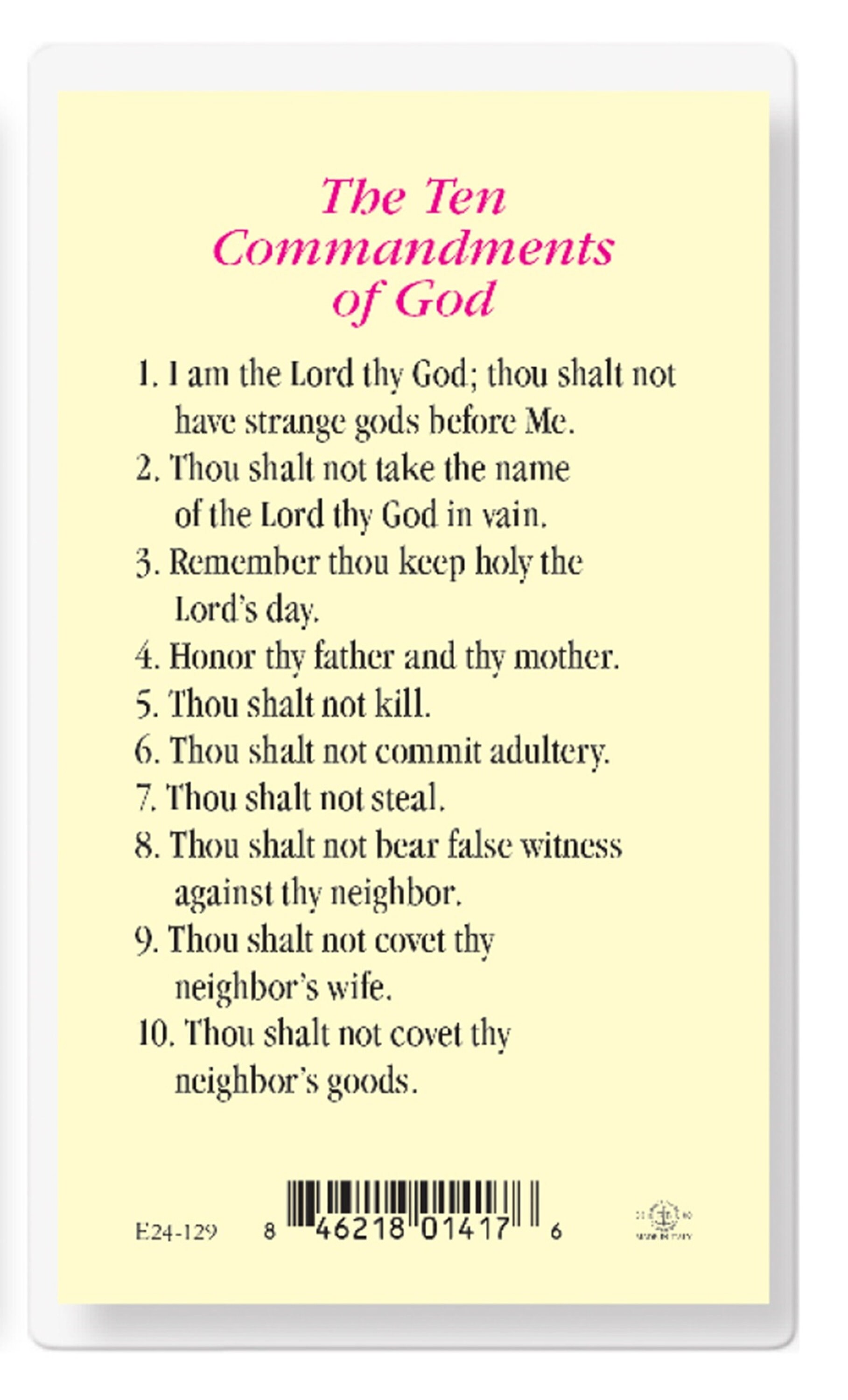 Ten Commandents of God Holy Prayer Card Laminated Italian Art Christ ...