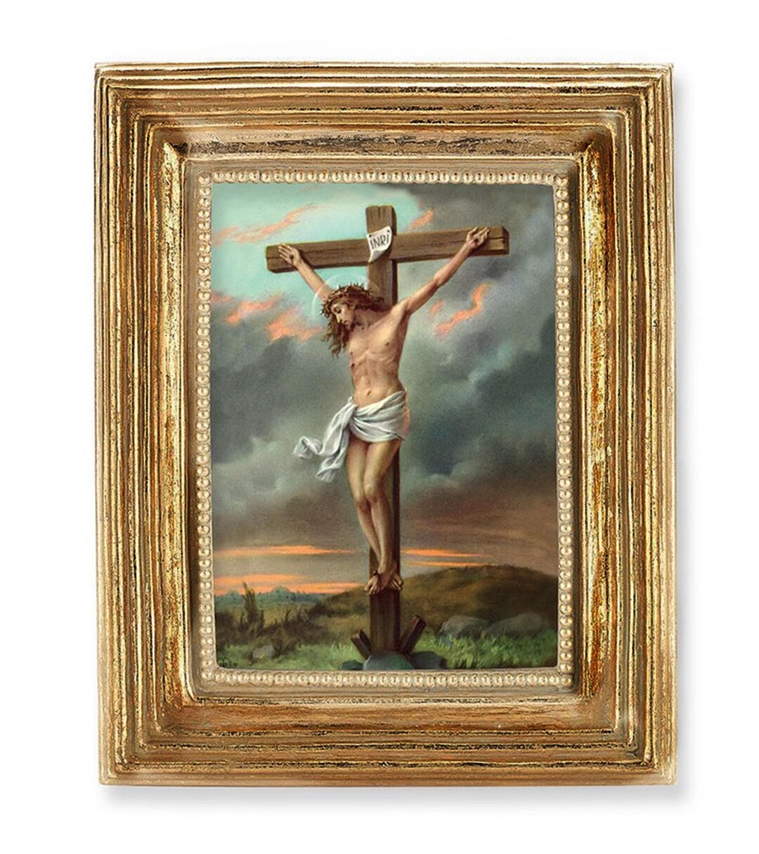 The Crucifixion of Christ Catholic Print With Gold Leaf Square Frame 3. ...