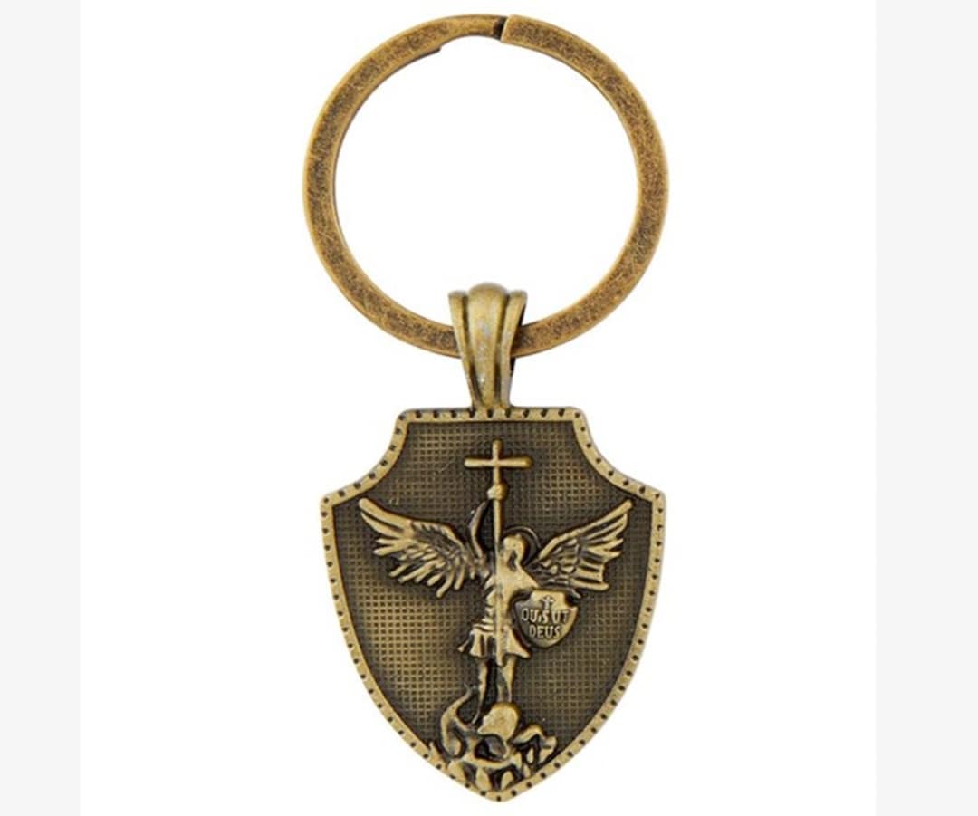 St. Michael Key Chain Archangel Michael Bronze Tone Shield Key Ring - Etsy