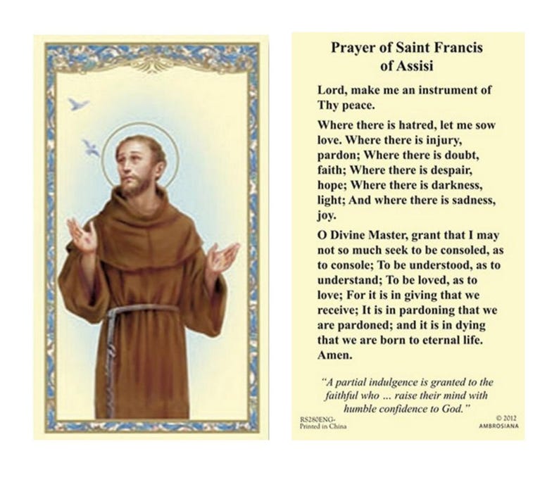 St Francis of Assisi Prayer for Peace Holy Prayer Card Catholic Faith ...