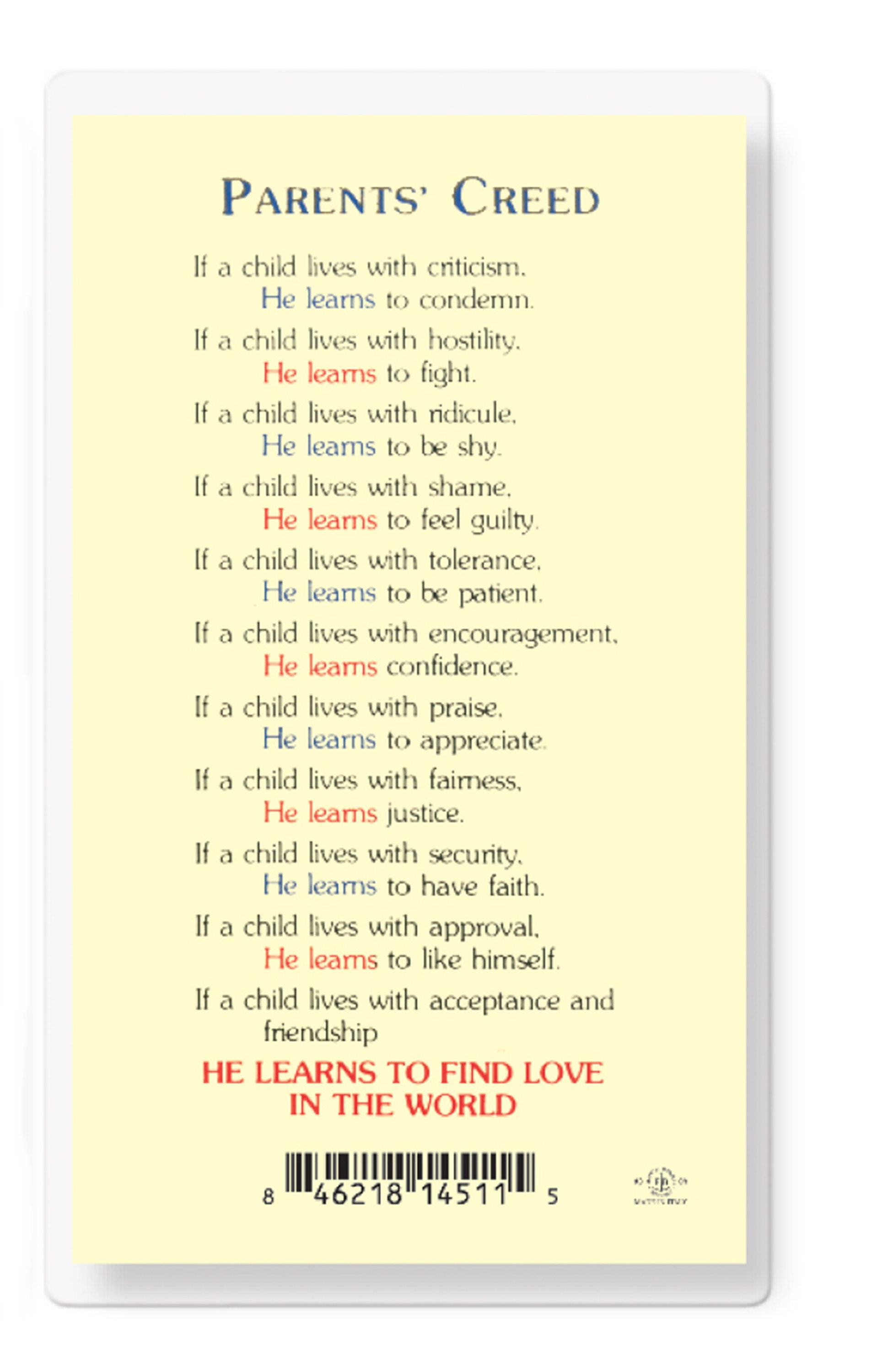 Parents Creed Holy Card Religious Prayer Card Laminated With Italian ...