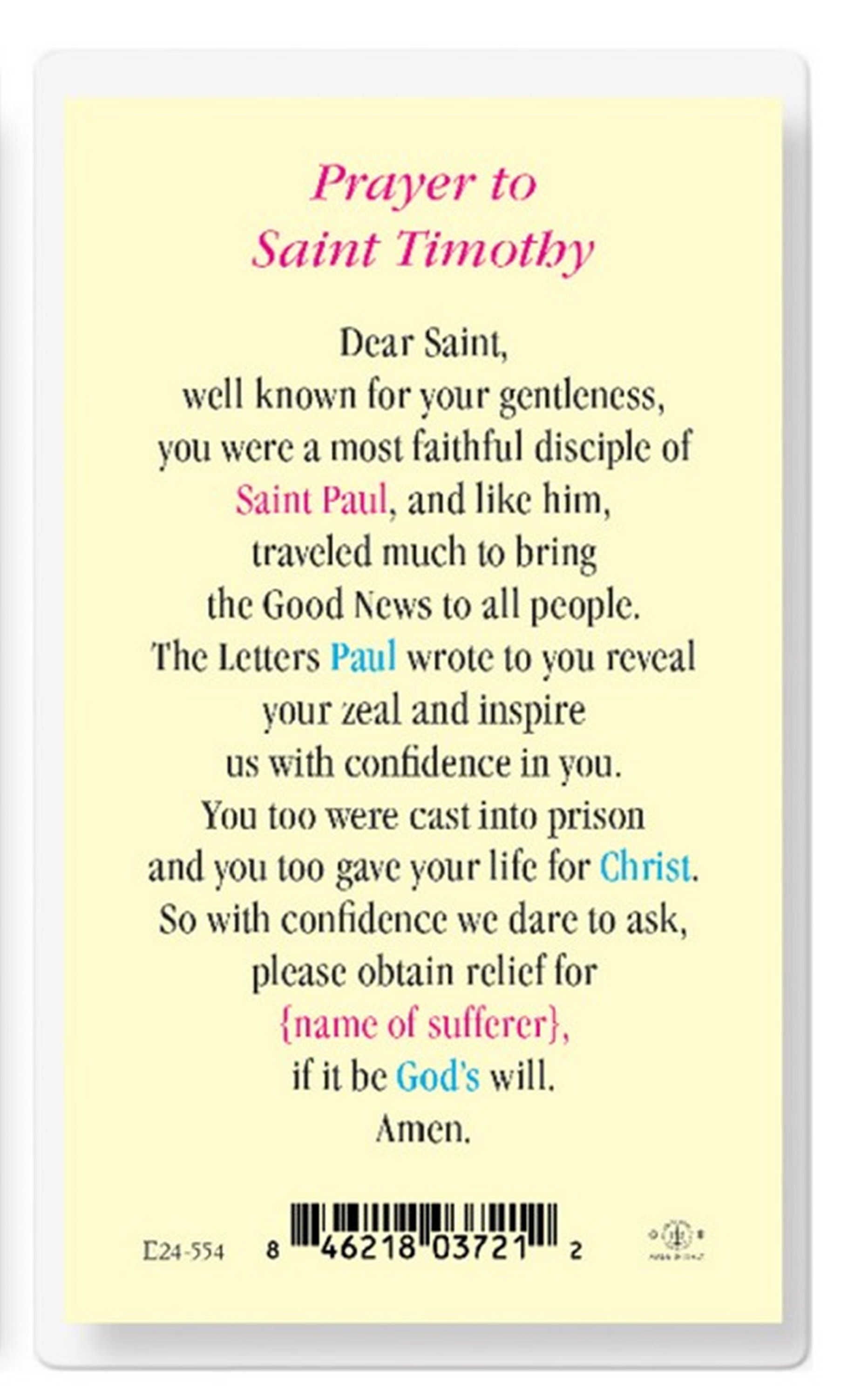 St Timothy Patron of Stomach Ailments Laminated Prayer Card Catholic Gift, Religious Gifts ...