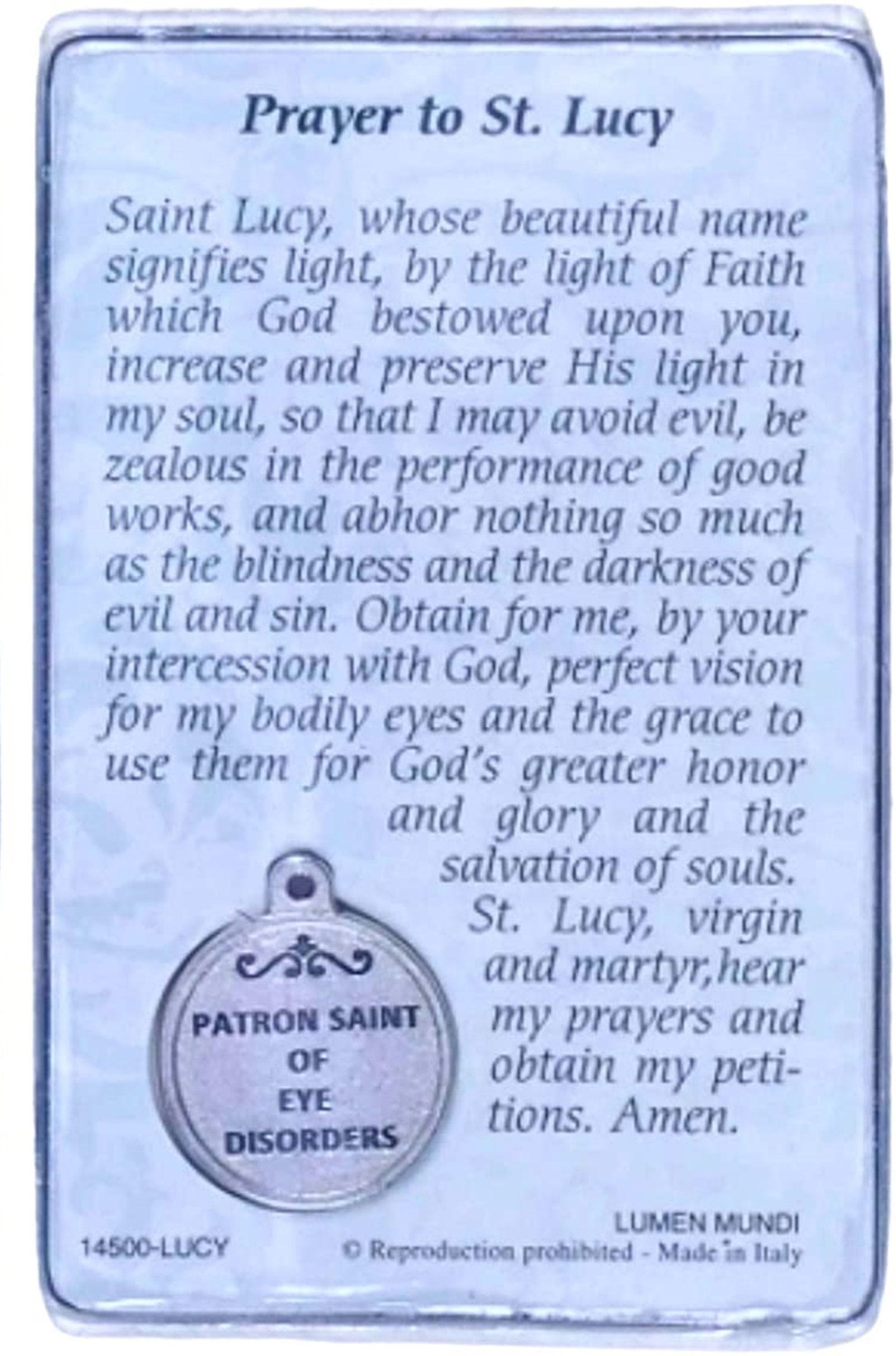 St Lucy Prayer Card With Medal Patron Saint Of Eye Disorders Laminated Catholic Holy Card Etsy