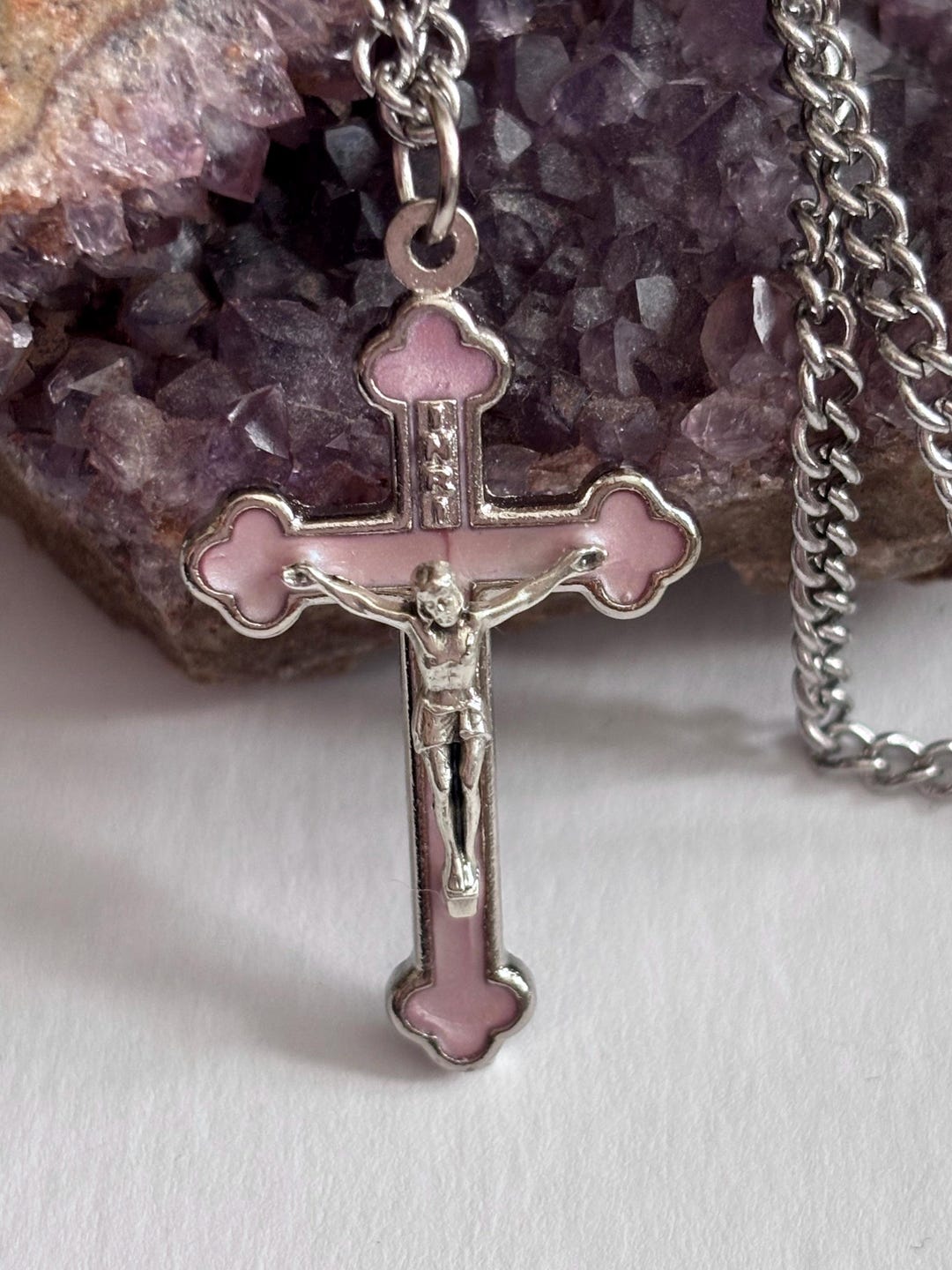 Women's Pink Crucifix Italian Pendant Necklace Stainless Steel 20 Inch ...