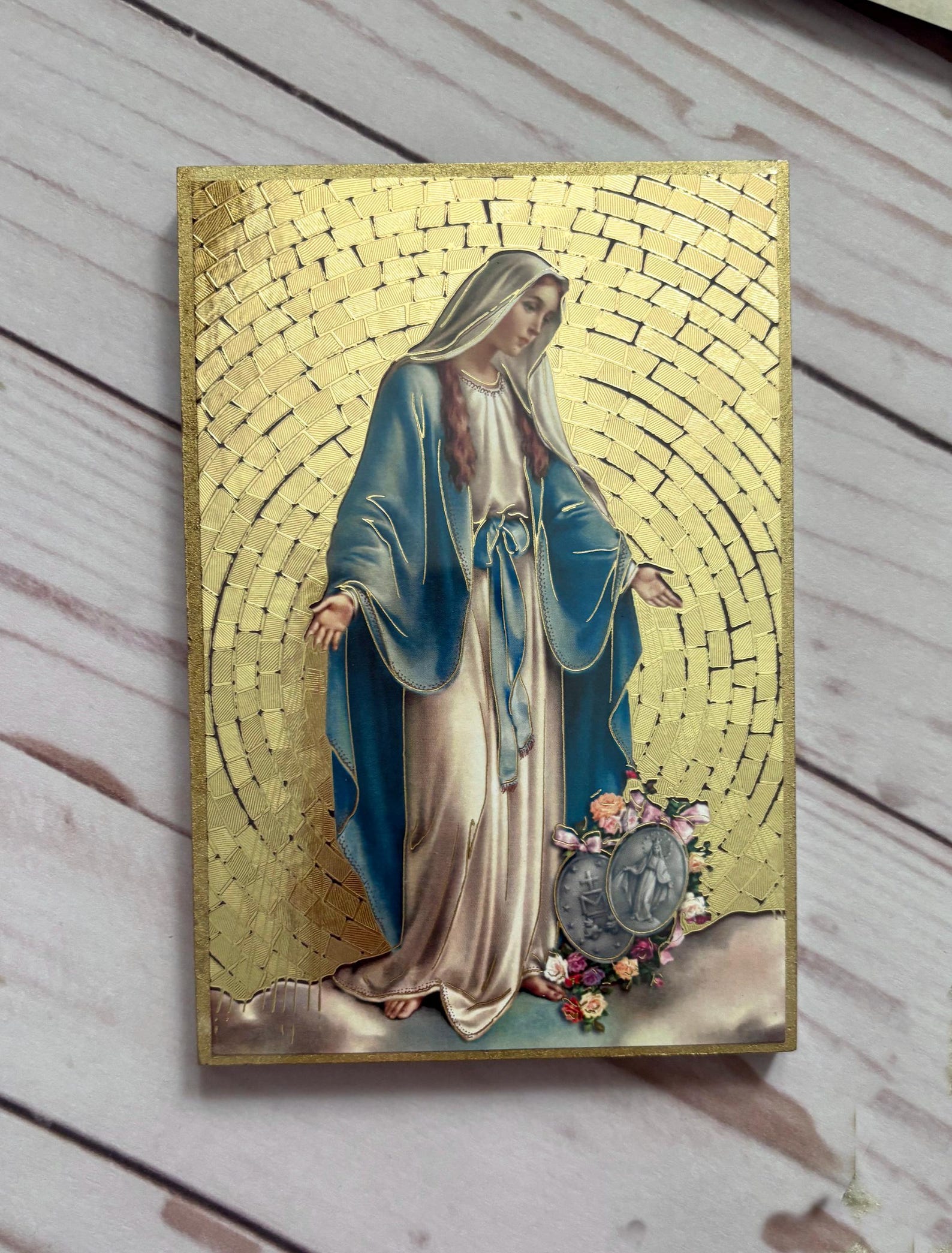 Our Lady of Grace Gold Foil Mosaic Plaque 4" X 6" With Full Color Hail ...