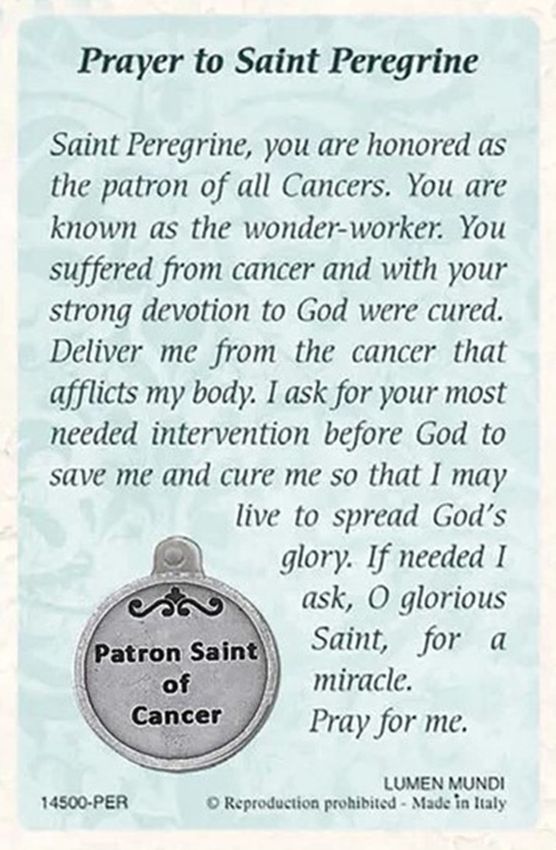 St Peregrine Prayer Card With Medal Patron Saint of Cancer Laminated ...
