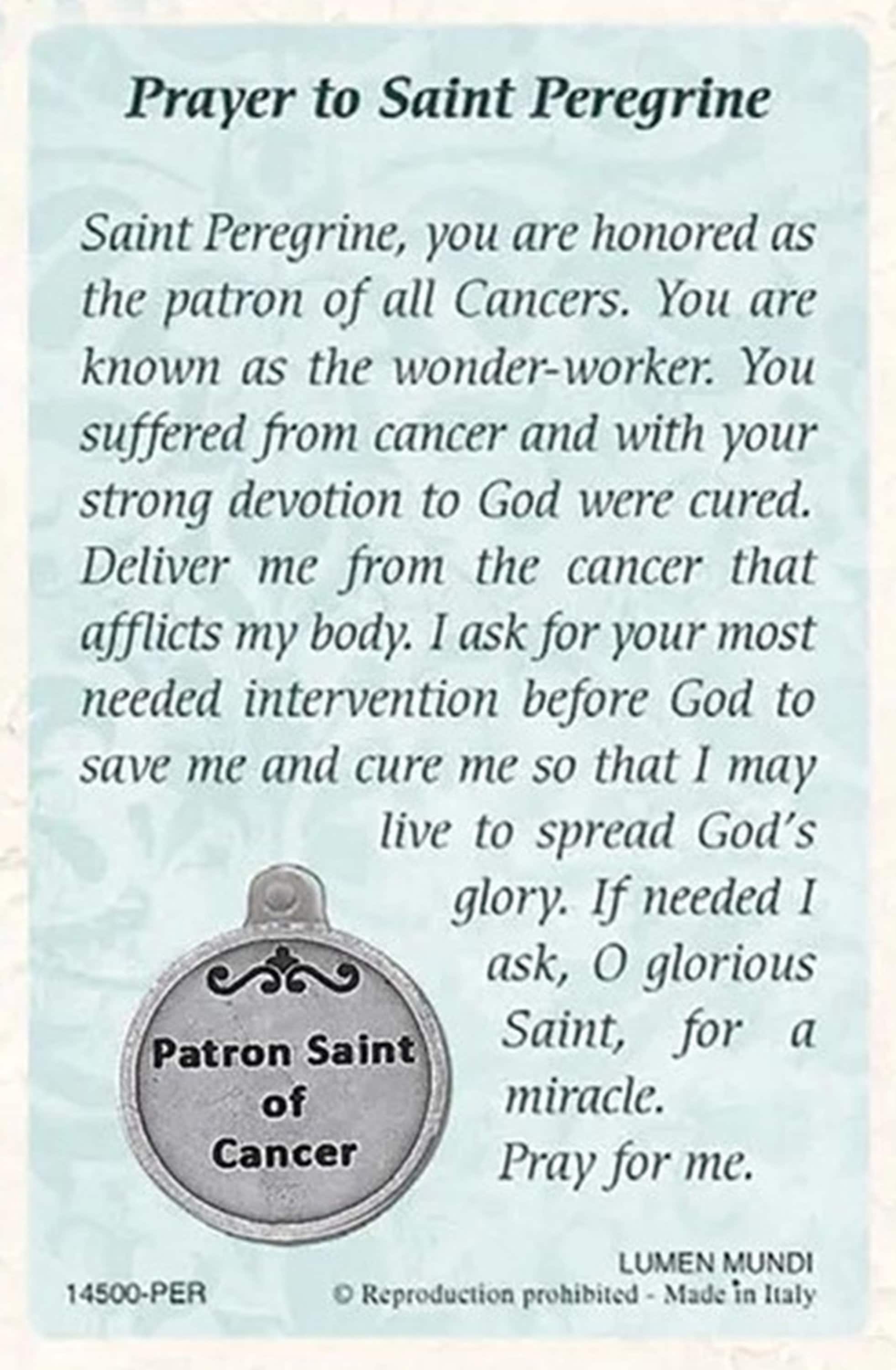 St Peregrine Prayer Card With Medal Patron Saint of Cancer Laminated ...