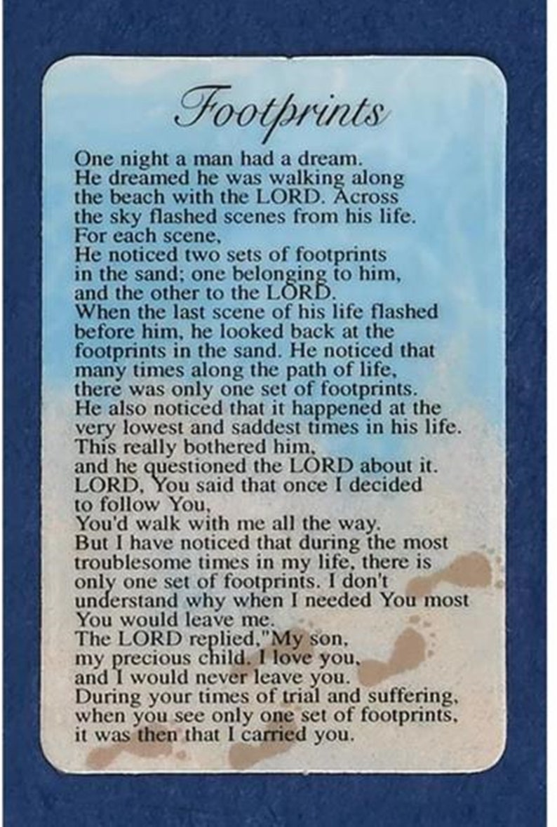 Footprints in the Sand Christian Poem Laminated Plastic Prayer Card ...