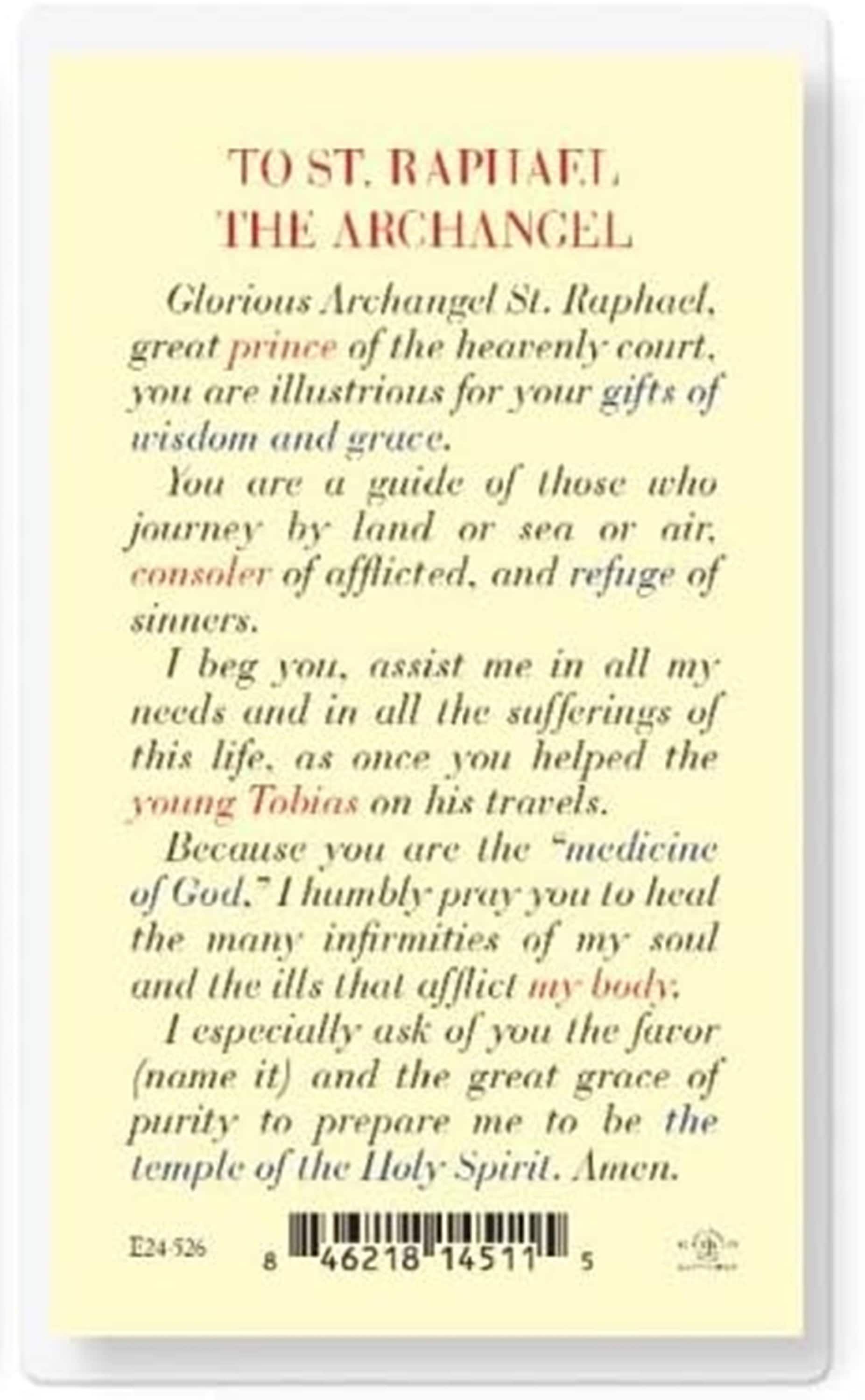 St Raphael Archangel Holy Card Laminated Catholic Prayer Card Patron of ...
