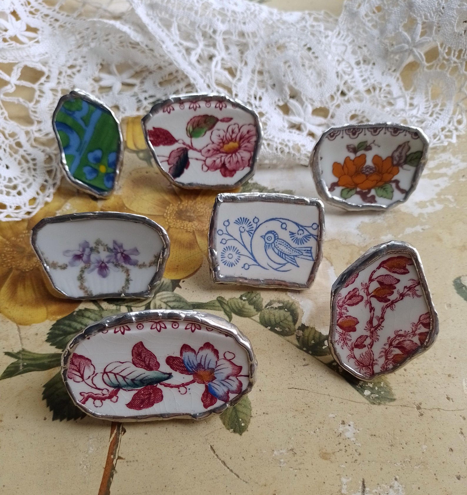 Primitive Vintage Ring Bluebird Porcelain Jewelry Broken Сhina Ring ...