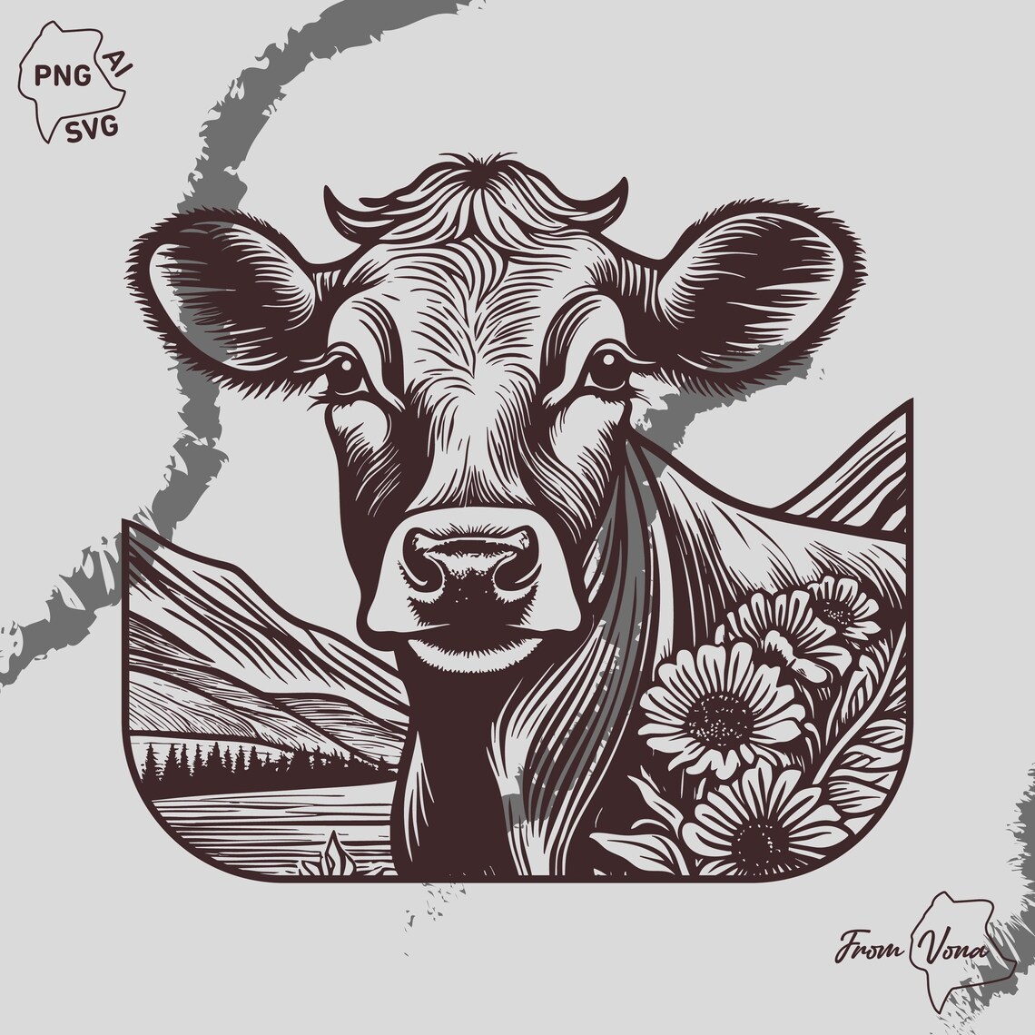 A Cow With Floral (linocut Style) - SVG,PNG and AI Digital Download ...