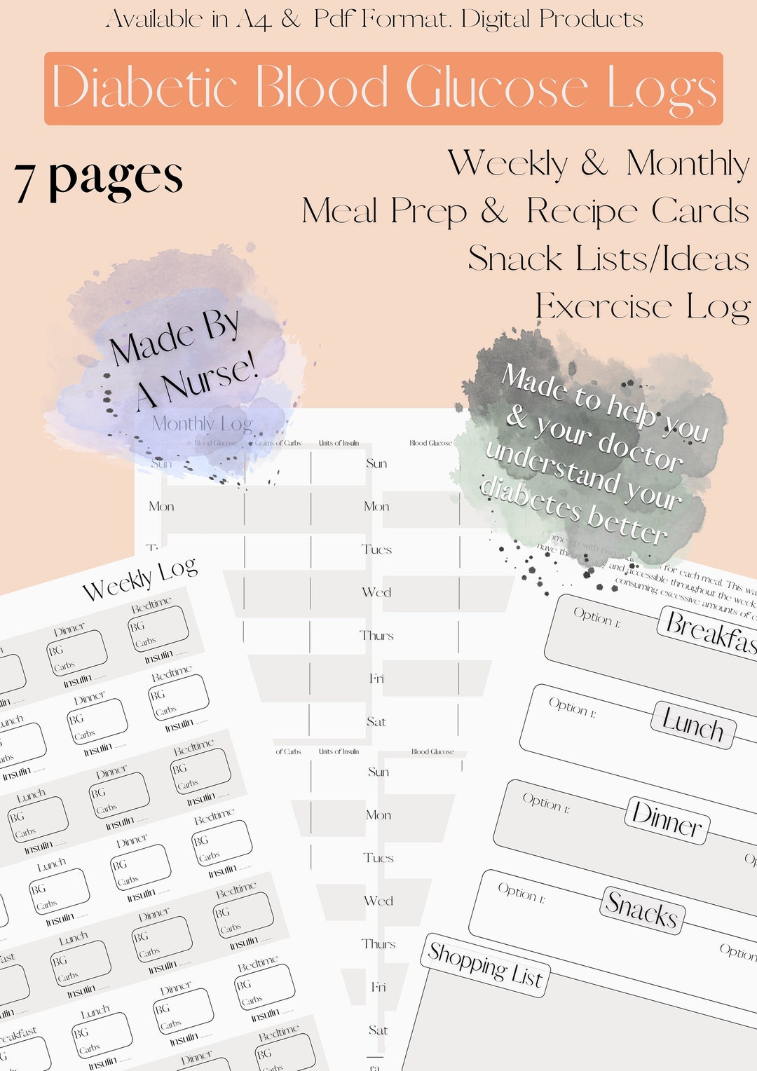 Blood Glucose Log Diabetic Tracker Carb Counting Insulin Log Exercise ...