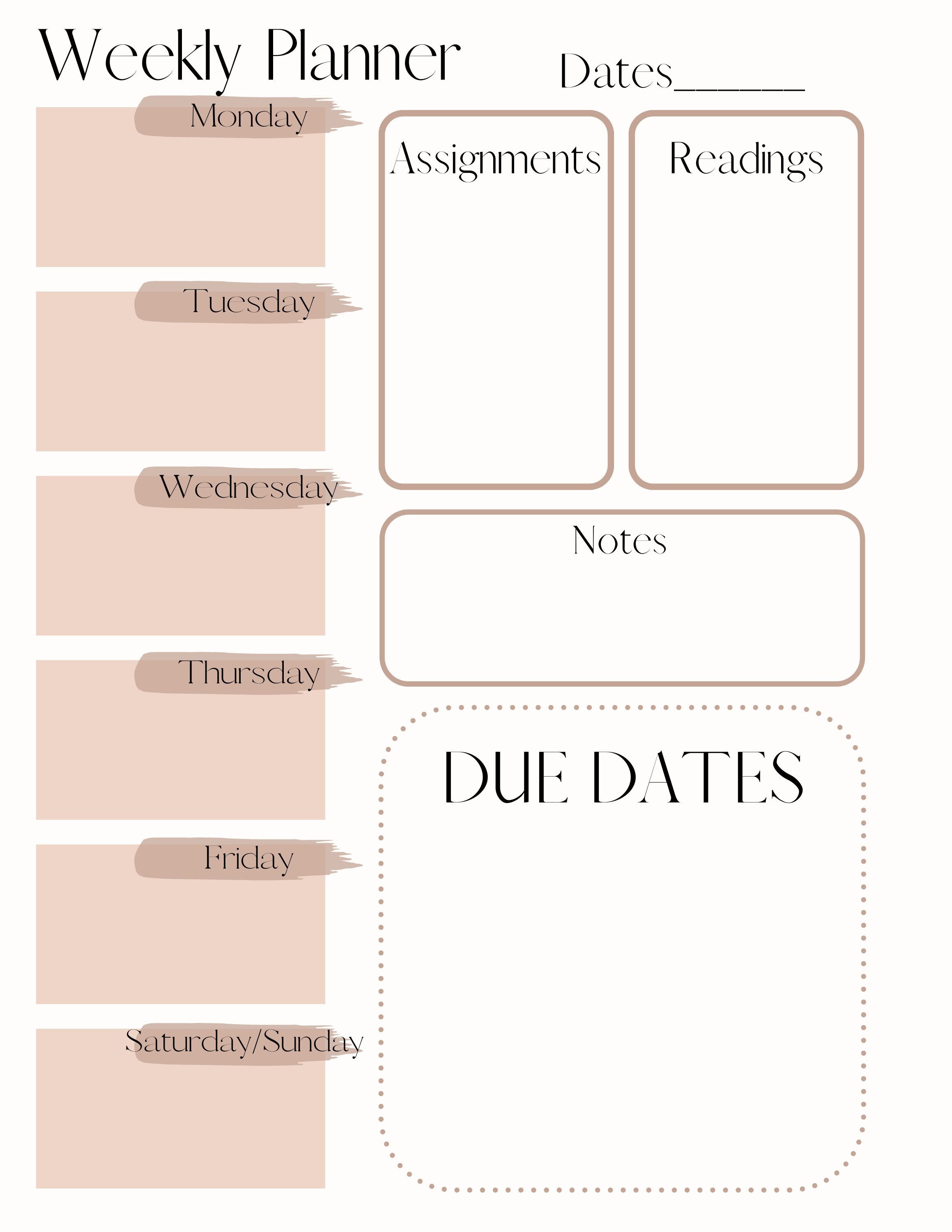 Weekly Student Planner Due Date Planner Neutral Weekly - Etsy