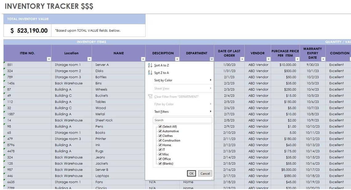 Excel Inventory Tracker Sheet With Formulas and Graphs, Excel Inventory ...