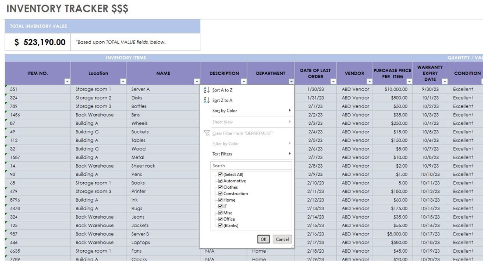 Excel Inventory Tracker Sheet With Formulas and Graphs, Excel Inventory ...