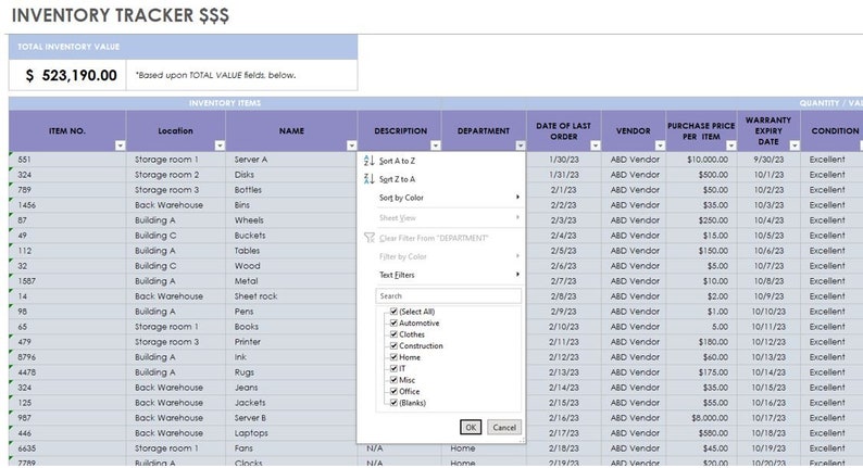 Excel Inventory Tracker Sheet With Formulas and Graphs, Excel Inventory ...