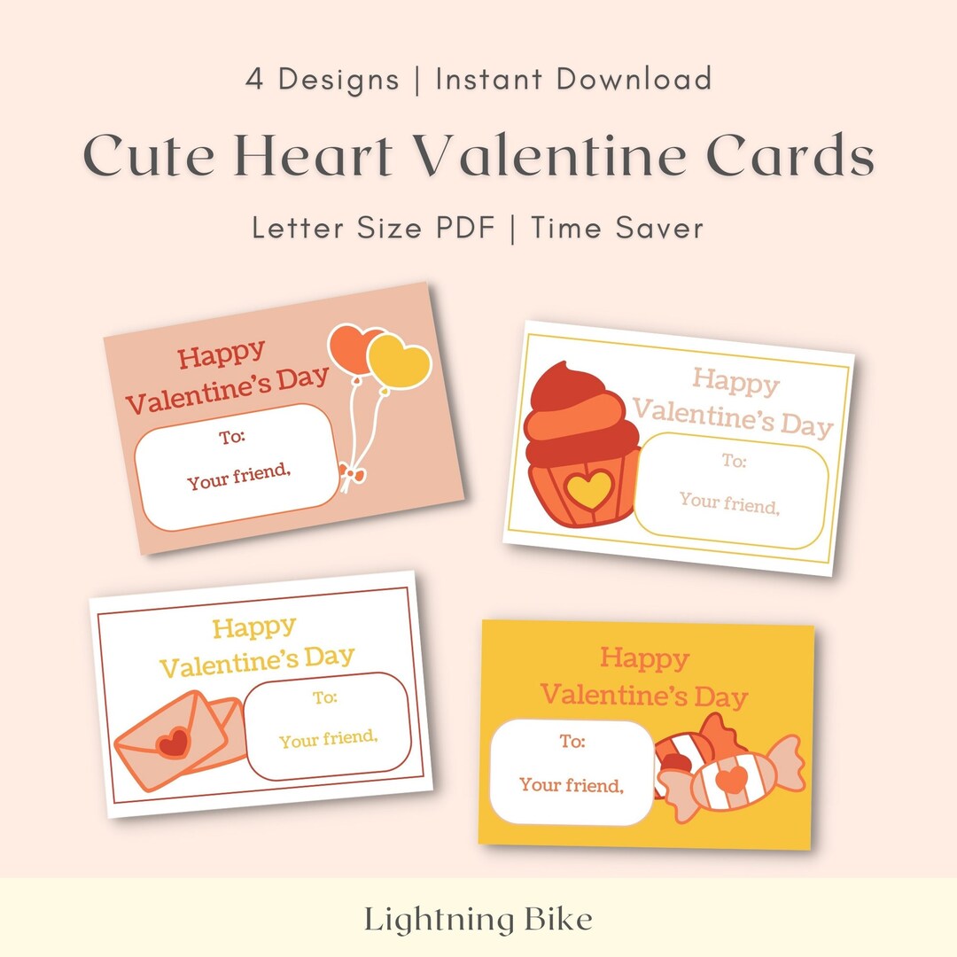 Cute Heart Valentine Cards | Set of 4 | Printable Kids Classroom ...