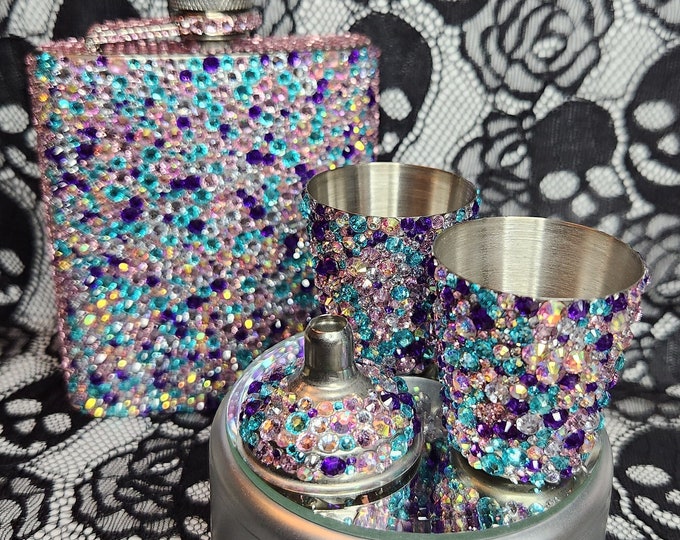 Blinged 7oz Flask Set With Two Shot Glasses and Funnel. Rhinestone ...