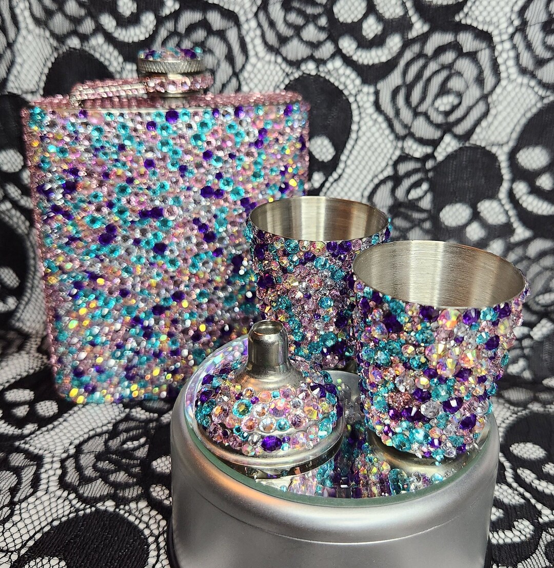 Blinged 7oz Flask Set With Two Shot Glasses and Funnel. Rhinestone ...