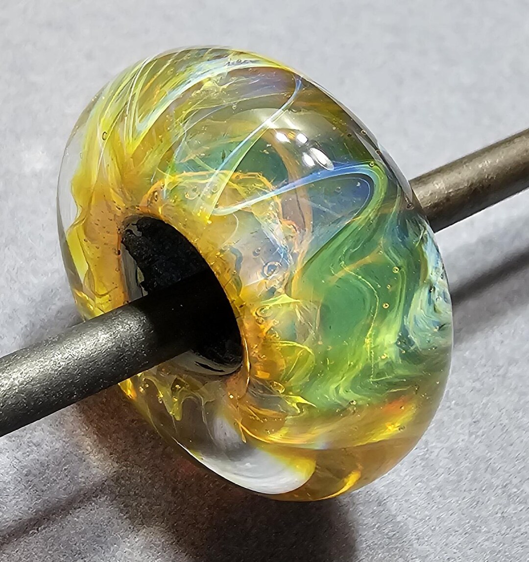 HUGE 20mm Lampworked Glass Dread Bead Green Iridescent Aqua Gold Fume ...