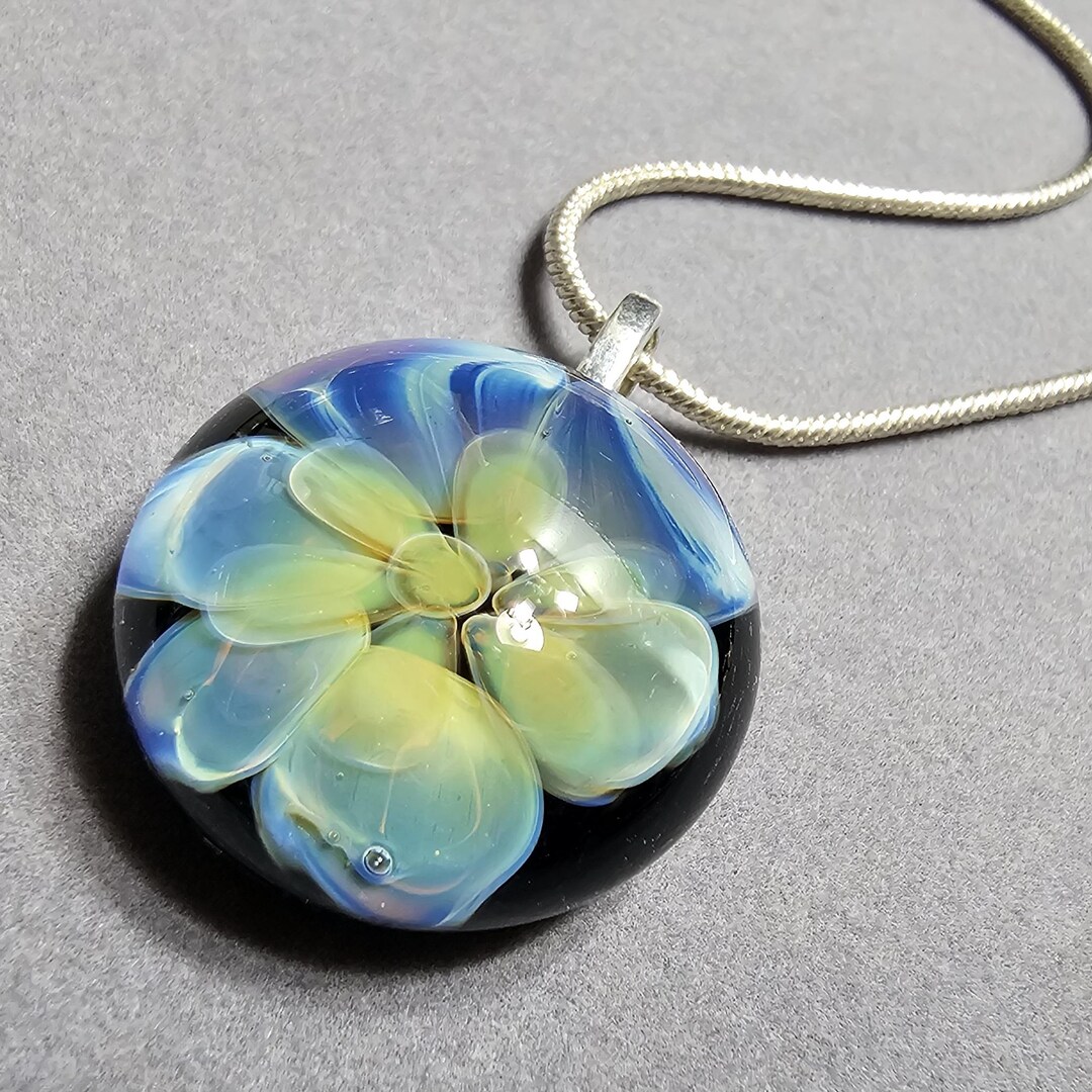 Cobalt Blue Purple Lily Flower Glass Implosion Necklace Pendant Heady Boho Boro Bubbler Bead ...