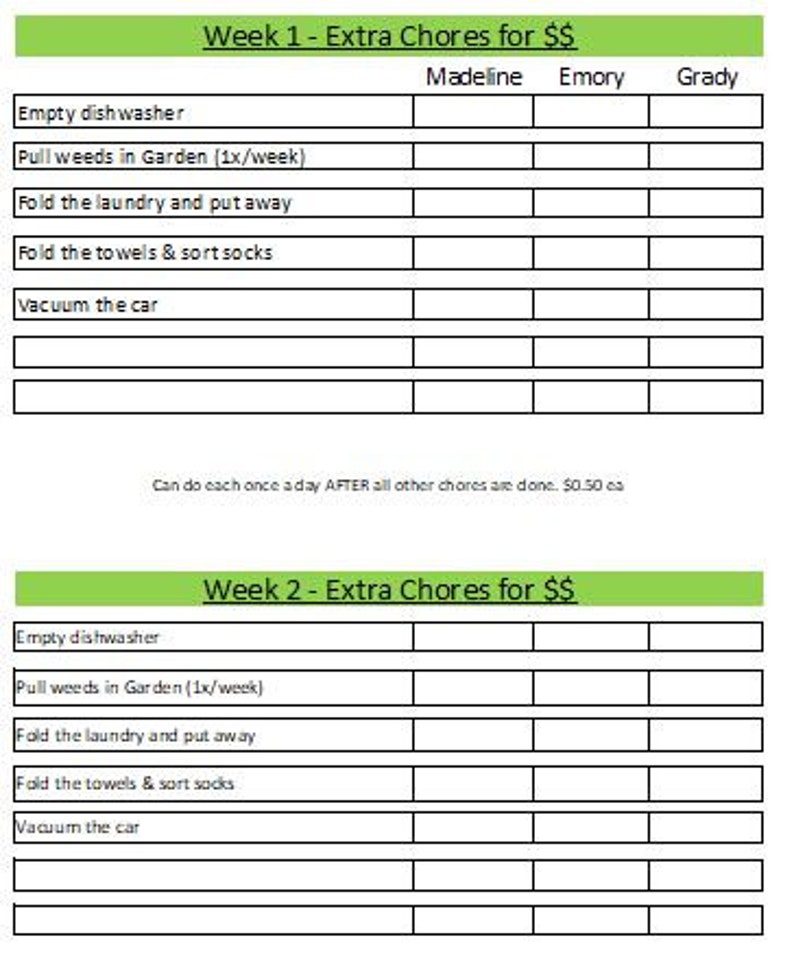 Kids Chore Chart - Editable Excel - Etsy