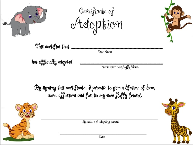 Digital Download, Adoption Certificate for Stuffed Animal - Etsy