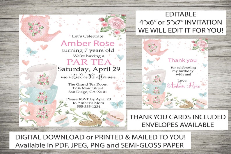 Tea Party Birthday Invitation Tea Party Thank You Card Envelopes Girls ...