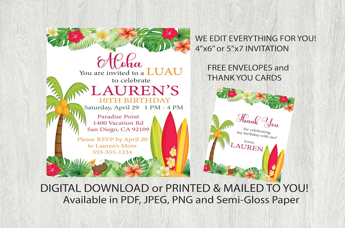 LUAU Birthday Invitation Aloha Luau Pool Beach Party Editable Invites ...