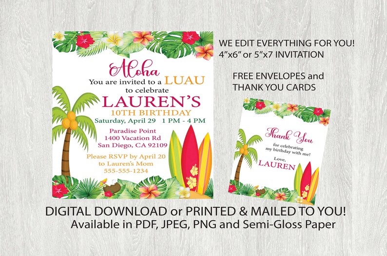 LUAU Birthday Invitation Aloha Luau Pool Beach Party Editable Invites ...
