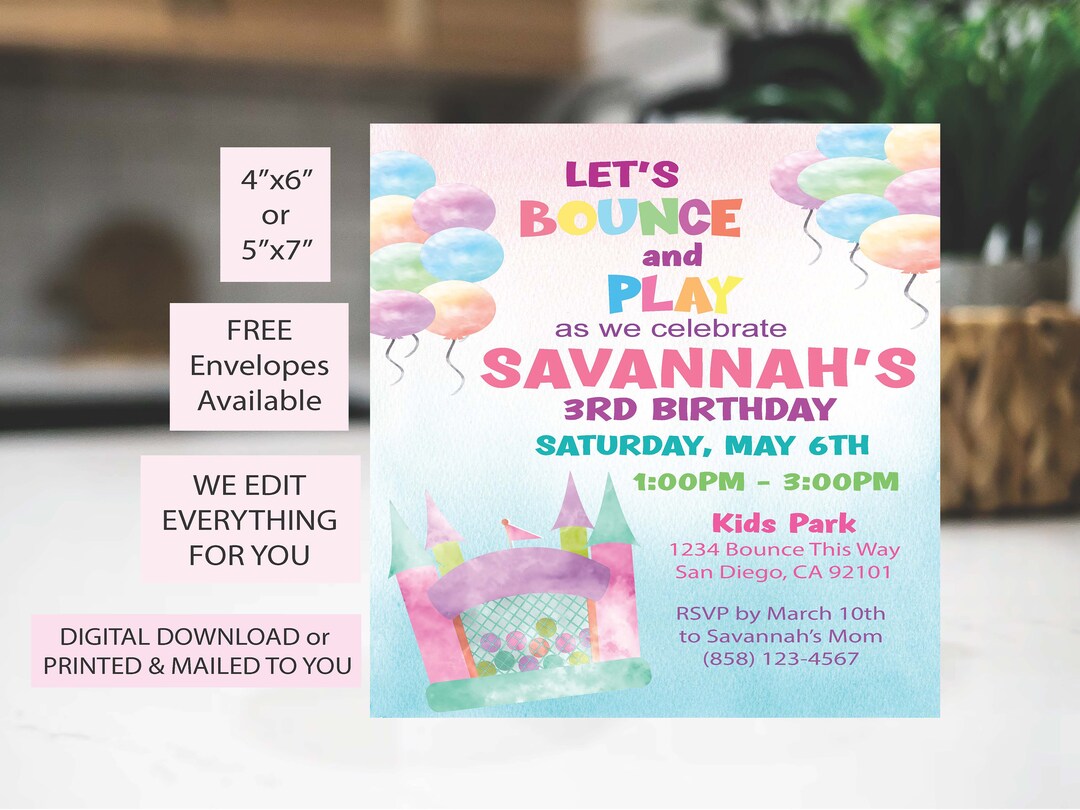 Editable Birthday Invitation, Bounce Party Theme, Girls Party Ideas ...