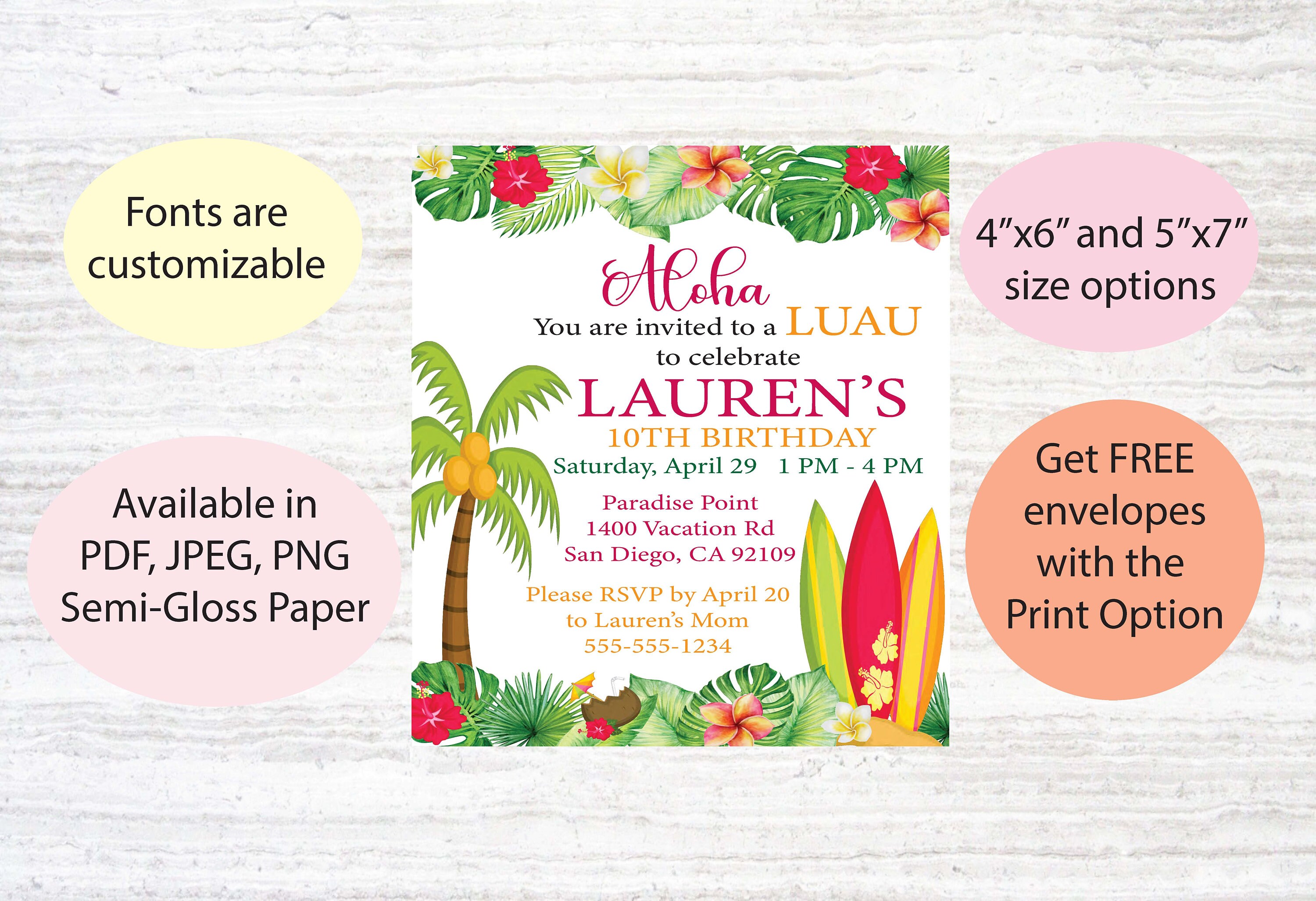 LUAU Birthday Invitation Aloha Luau Pool Beach Party Editable Invites ...