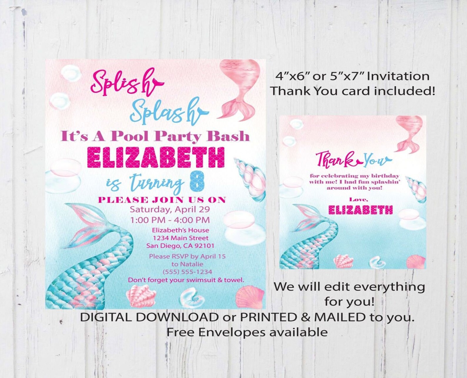 Mermaid Pool Party Birthday Invitation Girls Pool Party Mermaid Theme ...