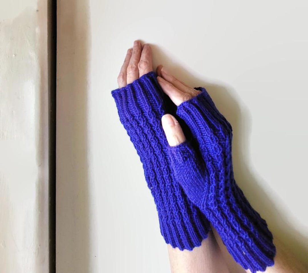 Dark Blue Mittens, Cable Knit, Fingerless Driving Mitts, Woolen ...